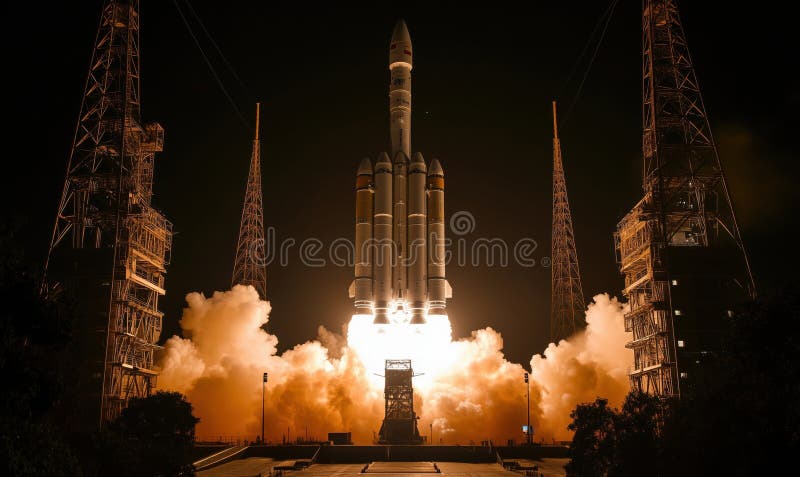 Rocket Launch at Night with Bright Flames and Smoke, Towering Launch ...