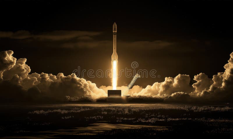 Rocket Launch at Night with Dramatic Clouds and Bright Flames ...