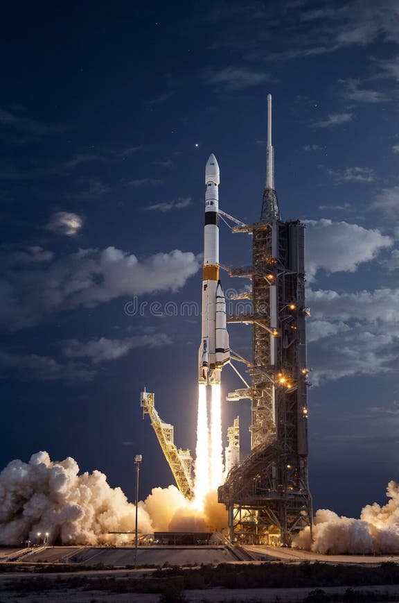 Rocket Launch at Night from Launchpad Stock Illustration - Illustration ...