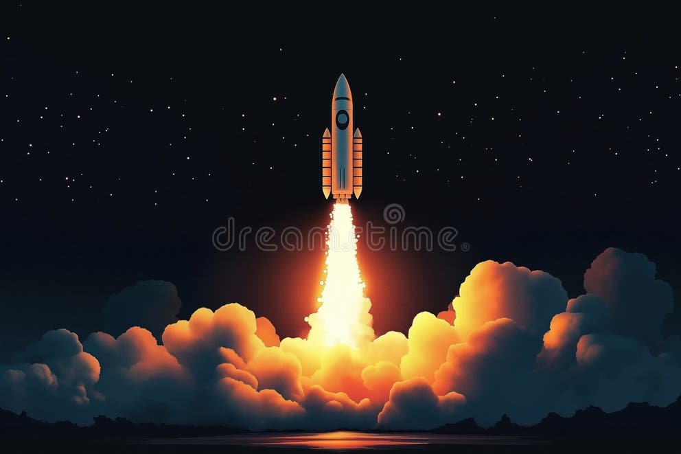 Rocket Launch at Night. Powerful Thrust Pushes Rocket into Darkness ...