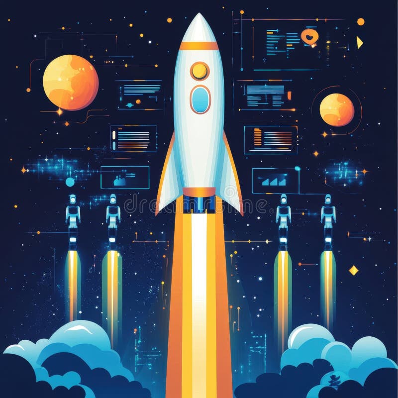 Rocket Launch into Night Sky with Futuristic Design Stock Illustration ...