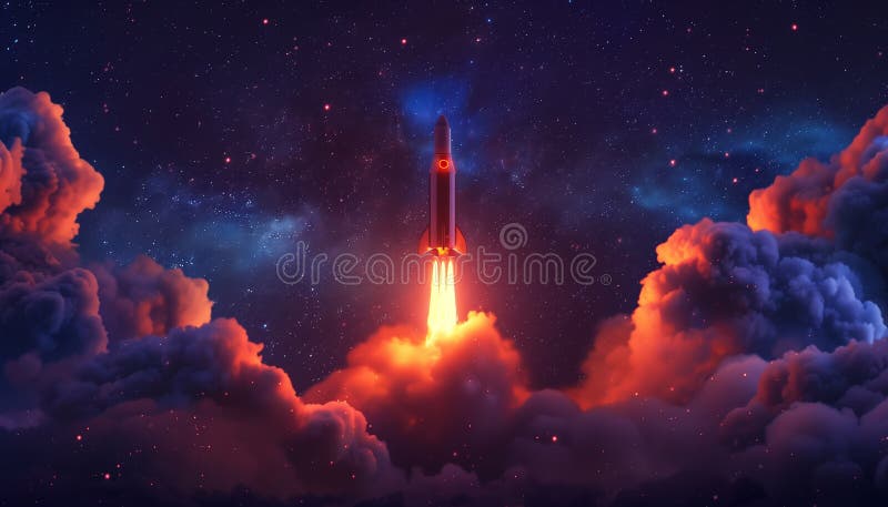 Rocket Launch into Night Sky: Modern Technology and Blast for Travel ...