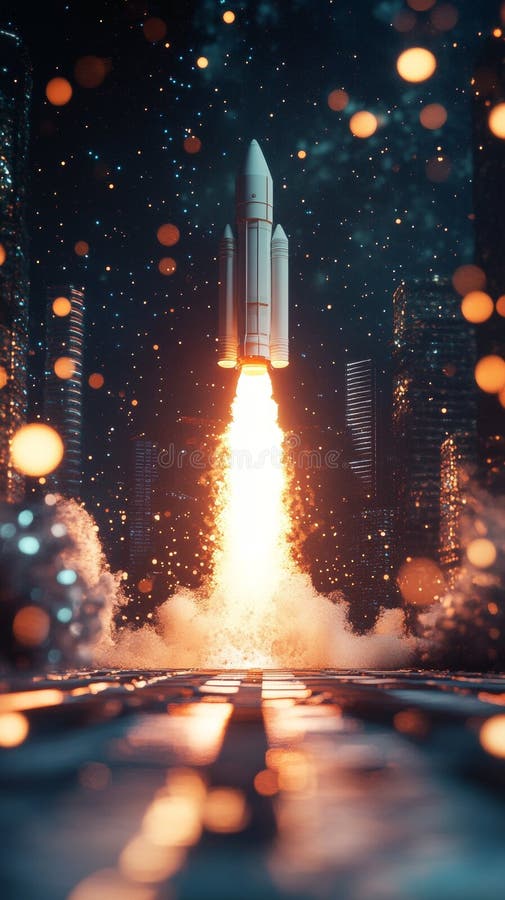 Rocket Launch into the Night Sky Over a Futuristic City Stock ...