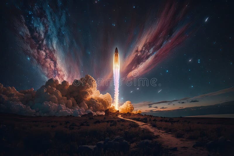 Rocket Launch into the Night Sky, with Stars Shining Above Stock ...