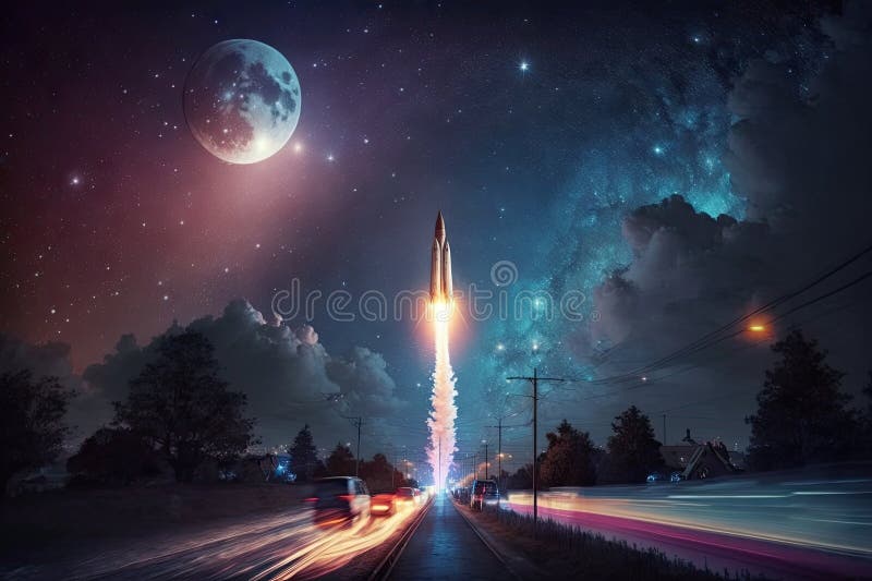 Rocket Launch into the Night Sky, with Stars Shining and City Lights ...