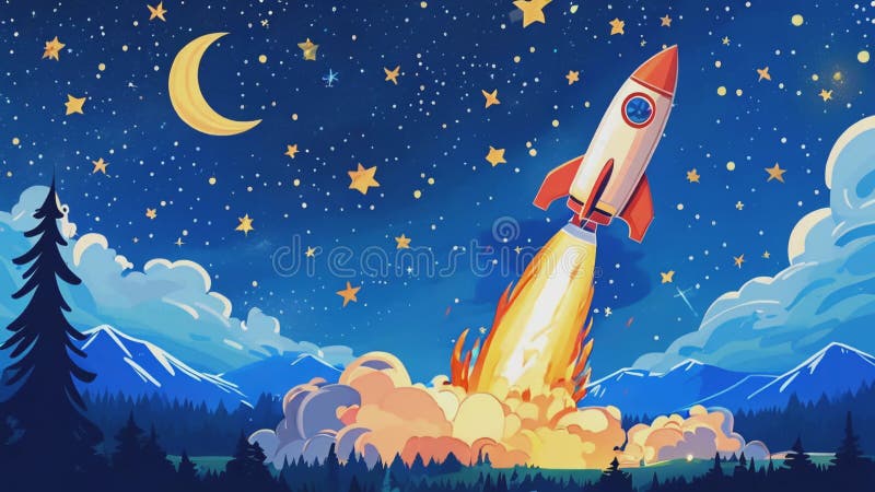 Rocket Launch at Night with Vibrant Flames, Set Against a Starry Sky ...