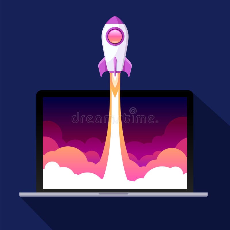 Rocket Launch in Notebook. Graphic Illustration in Flat Style. Startup ...