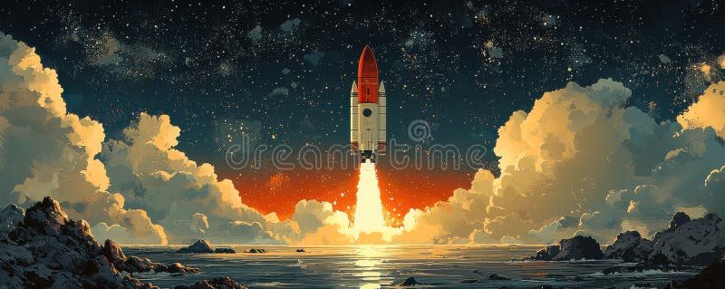 Rocket Launch from Ocean with Sunset Background Illustration Stock ...