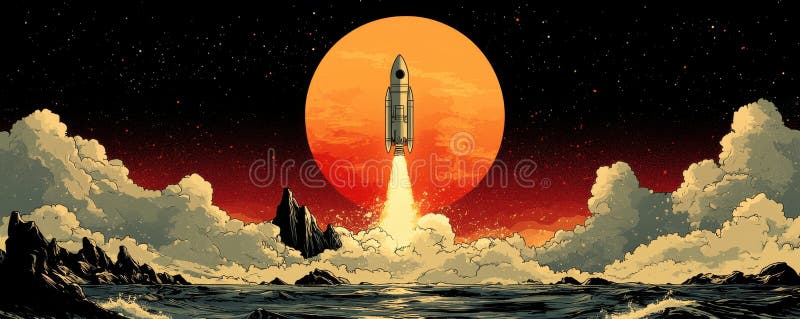 Rocket Launch from Ocean with Sunset Background Illustration Stock ...