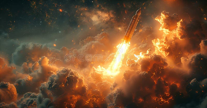 Rocket Launch through Orange Clouds at Night Stock Photo - Image of ...