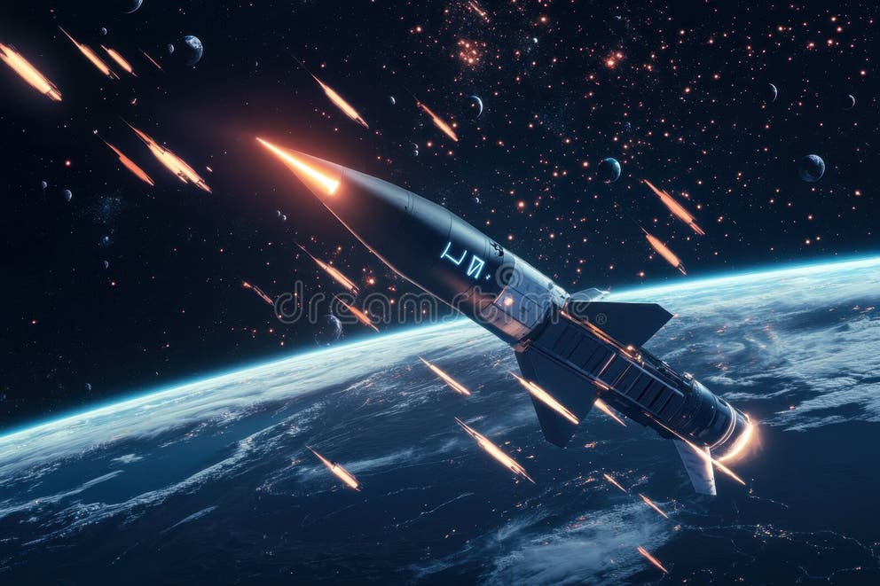 Rocket Launch in Outer Space with a Trail of Glowing Projectiles at ...