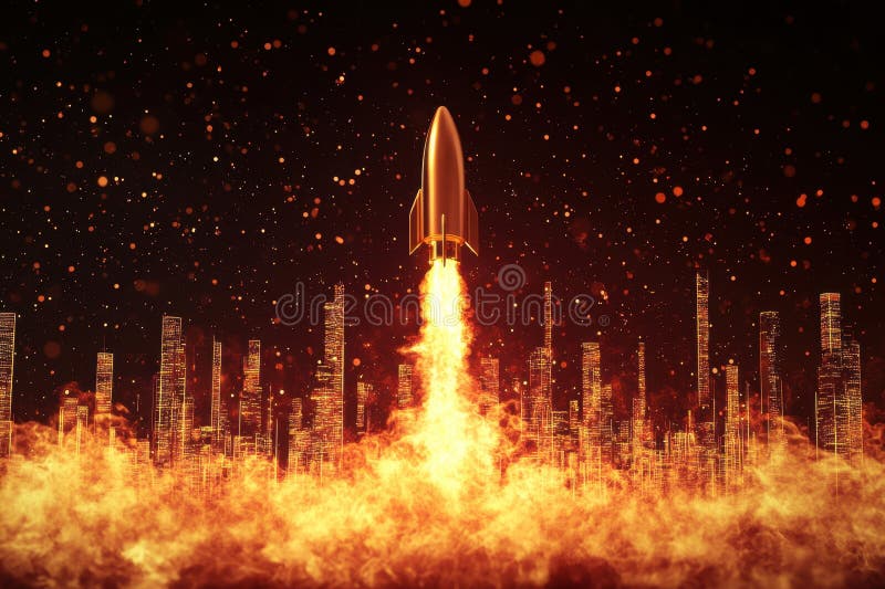 Rocket Launch Over Fiery Cityscape at Night with Sparkling Lights ...