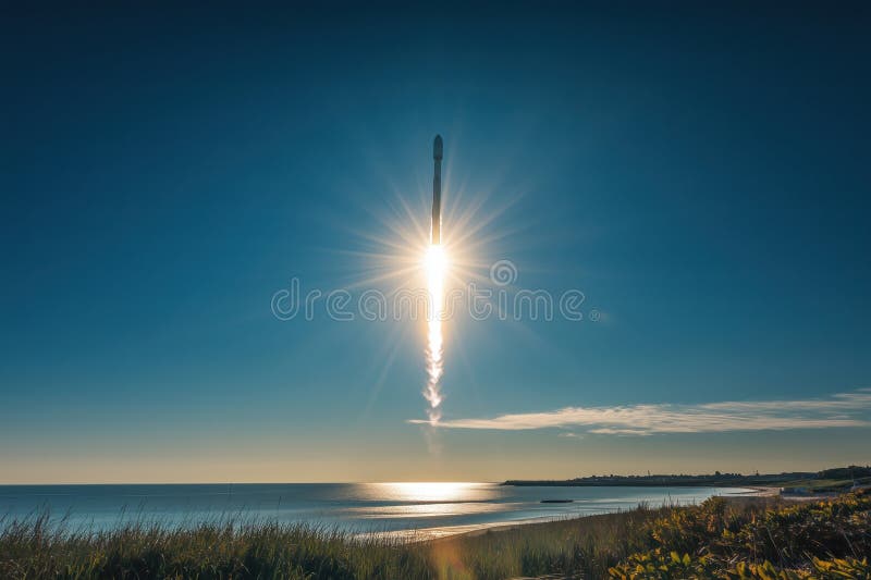 Rocket Launch Over Ocean at Sunset, Bright Sun Rays, Clear Sky Stock ...