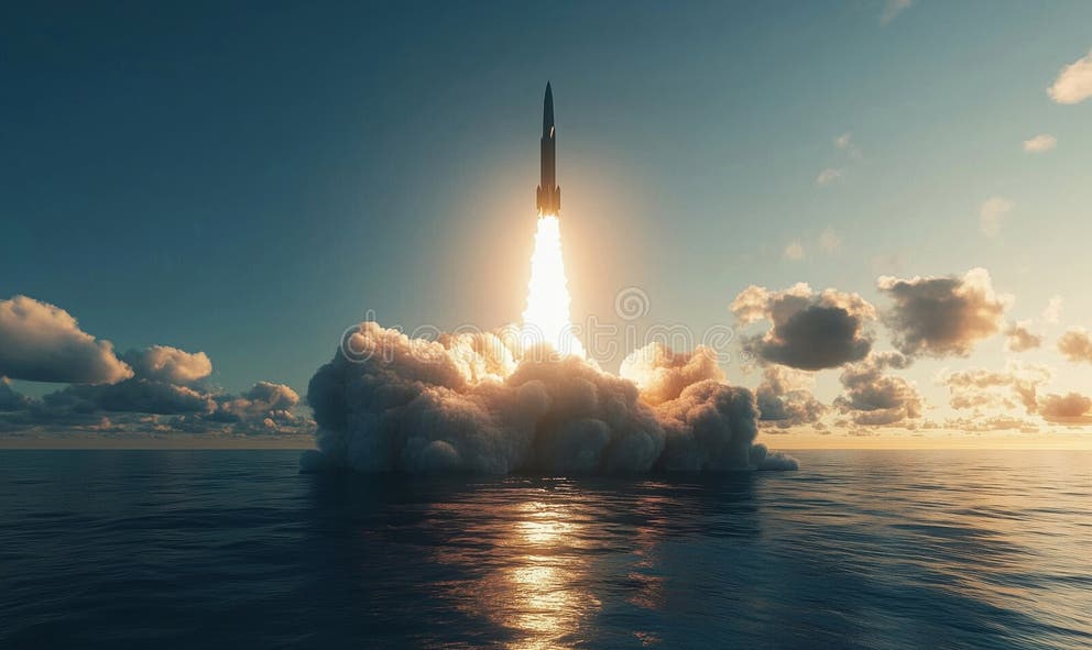 Rocket Launch Over Ocean at Sunset, Dramatic Clouds, Bright Flames ...