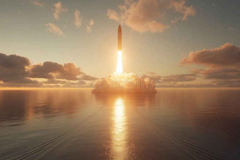 Rocket Launch Over Ocean at Sunset, Dramatic Clouds, Reflection on ...