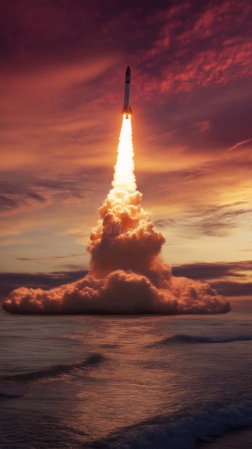 Rocket Launch Over Ocean at Sunset, Dramatic Sky. Space Exploration and ...