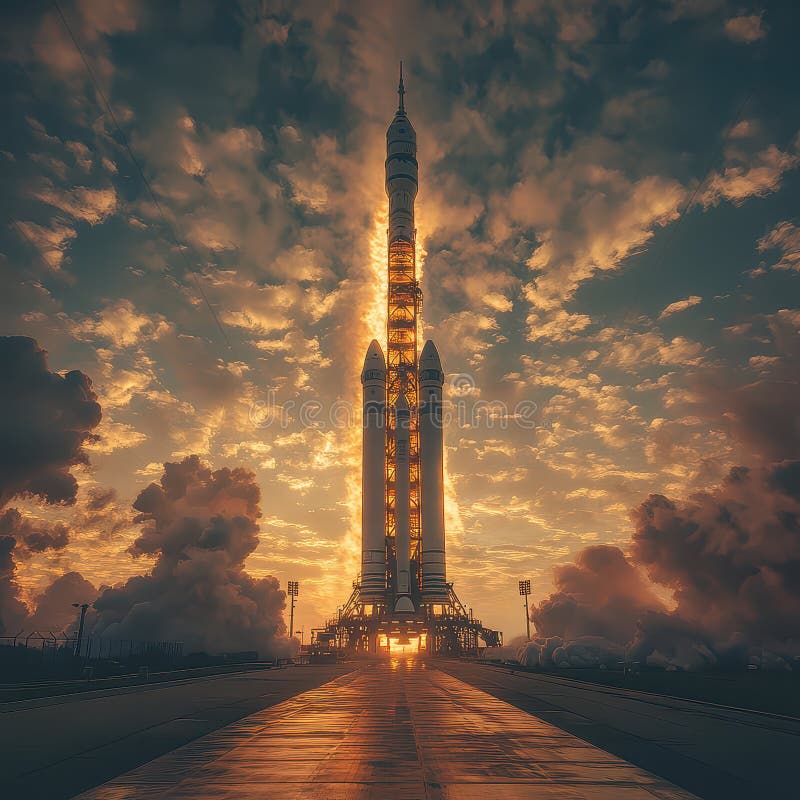 Rocket Launch Pad with Dramatic Sunset and Cloudy Sky Background Stock ...