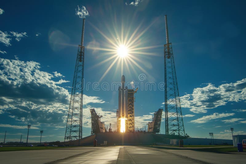 Rocket Launch Pad with Sunburst, Clear Sky, and Towering Launch ...