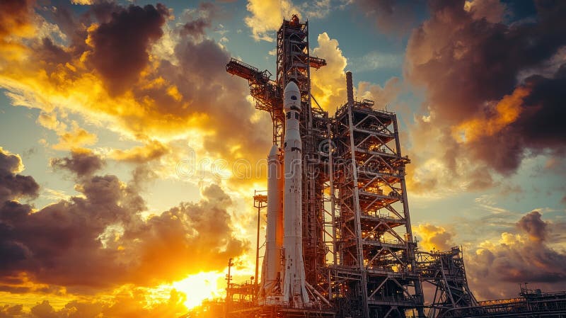 Rocket on the Launch Pad at Sunset, with Clouds in the Background Stock ...
