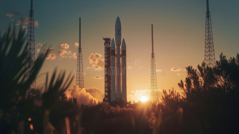 Rocket Launch Pad at Sunset, Towering Rocket Ready for Launch ...