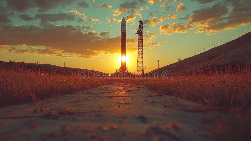 A Rocket on a Launch Pad at Sunset with a Vibrant Sky Filled with ...