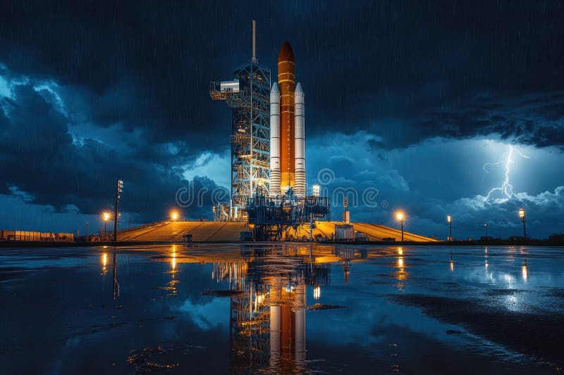 A Rocket on a Launch Pad Under a Stormy Sky with Lightning and Puddles ...