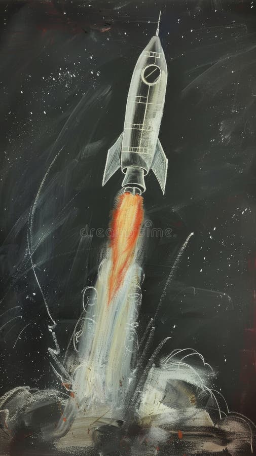 Rocket Launch Painting in Space with Fire Trail and Starry Background ...