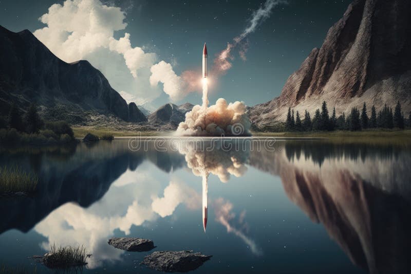 Rocket Launch from Peaceful Lake, with Reflection on the Water Stock ...