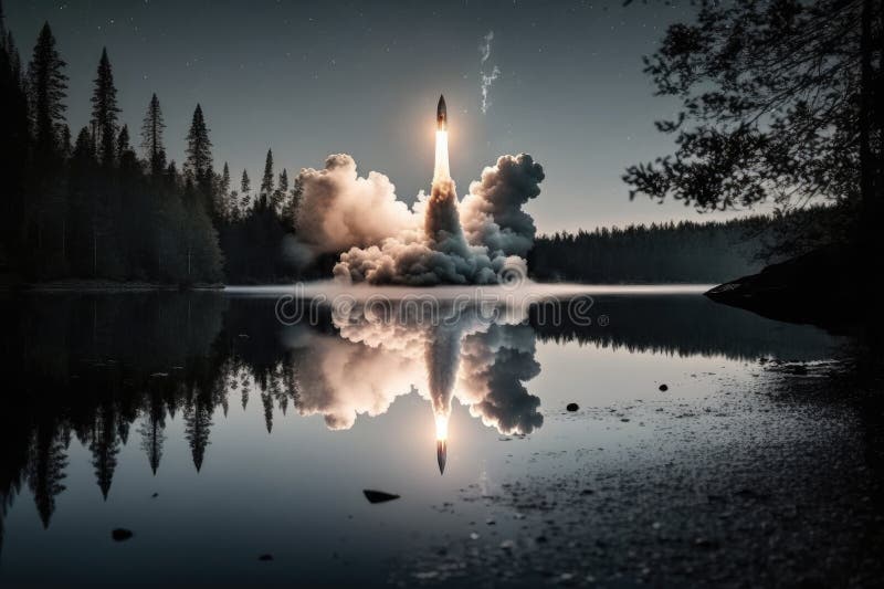 Rocket Launch from Peaceful Lake, with Reflection on the Water Stock ...