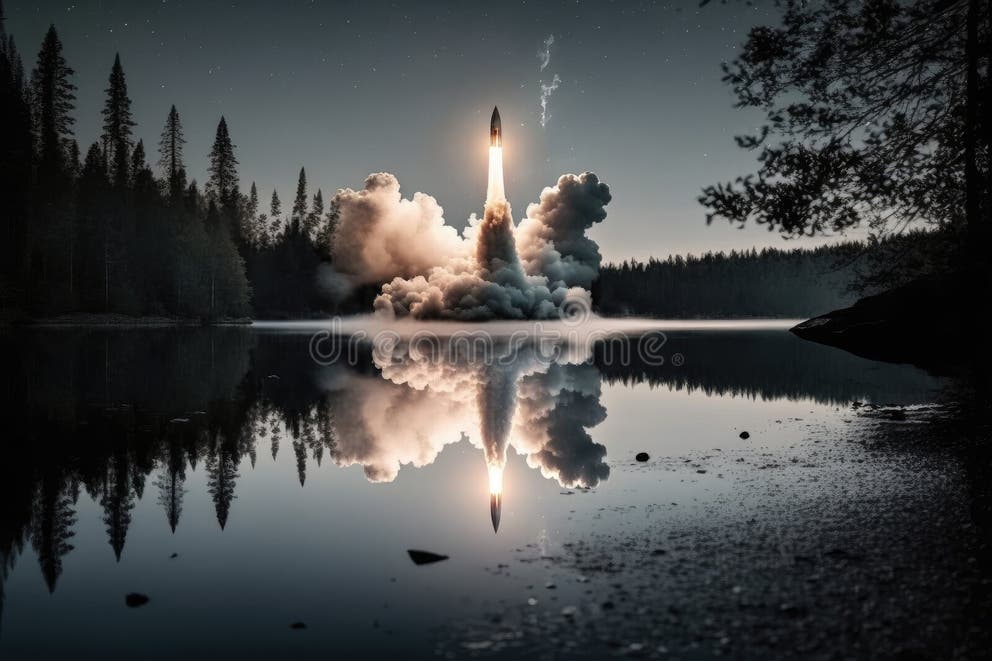 Rocket Launch from Peaceful Lake, with Reflection on the Water Stock ...