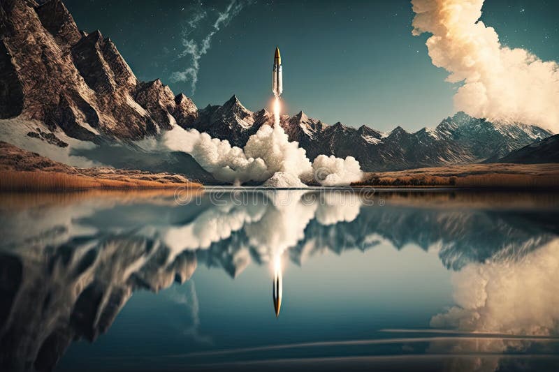 Rocket Launch from Peaceful Lake, with Reflection on the Water Stock ...