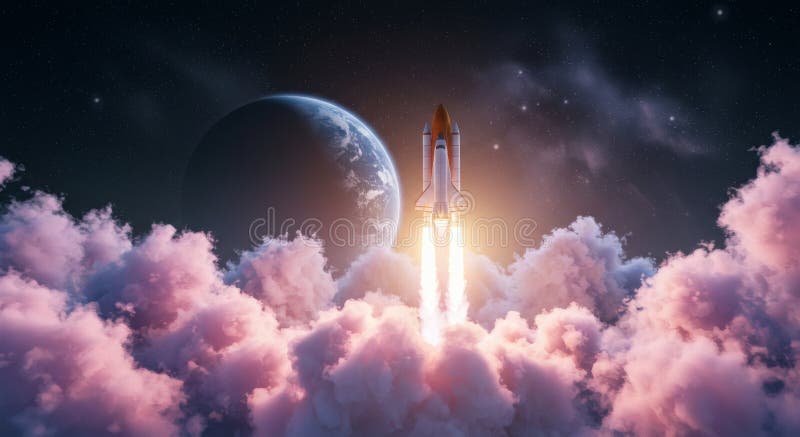 Rocket Launch through Pink Clouds with Earth in Space Background Stock ...