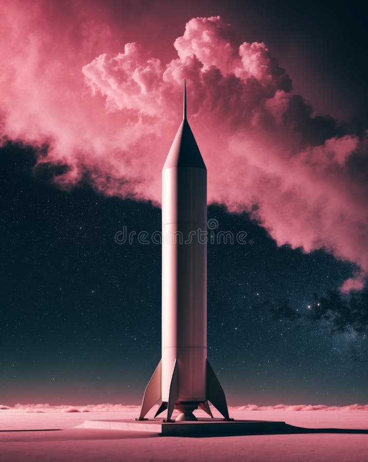 Rocket Launch through Pink Clouds in Starry Night Sky. Stock Image ...
