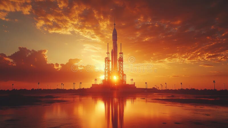 Rocket Launch Platform Stands Against a Vibrant Sunset with Dramatic ...