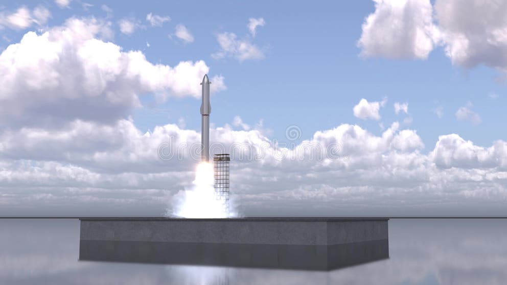Rocket Launch from a Platform on the Water 3d Stock Illustration ...
