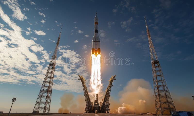 Rocket Launch with Powerful Ascent, Clear Blue Sky, Smoke and Flames ...