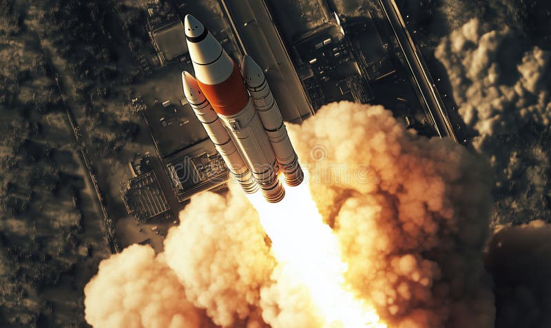 Rocket Launch with Powerful Engines and Smoke Clouds, Aerial View of ...