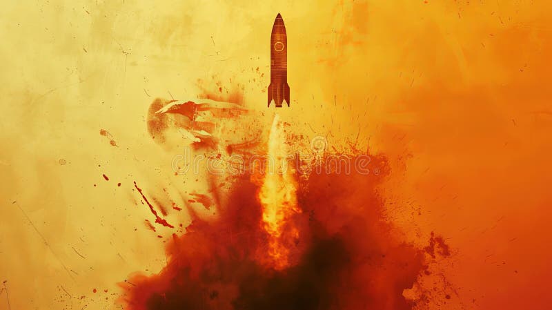 Rocket Launch with Powerful Flames and Splashes on an Abstract Orange ...