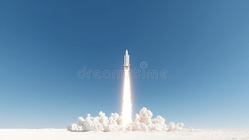 Rocket Launch. a Powerful Rocket Ascends into a Clear Blue Sky, Stock ...