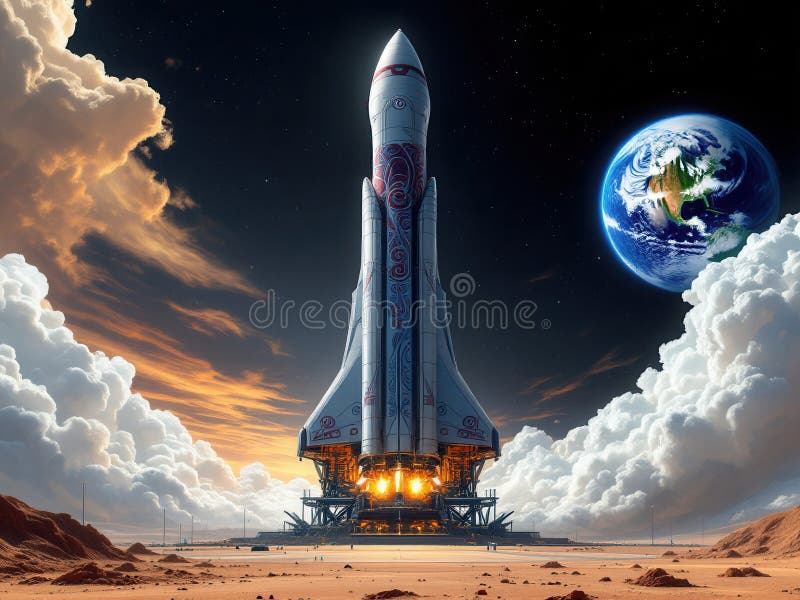 Rocket Launch Preparation at Sunset Near the Planet Stock Illustration ...