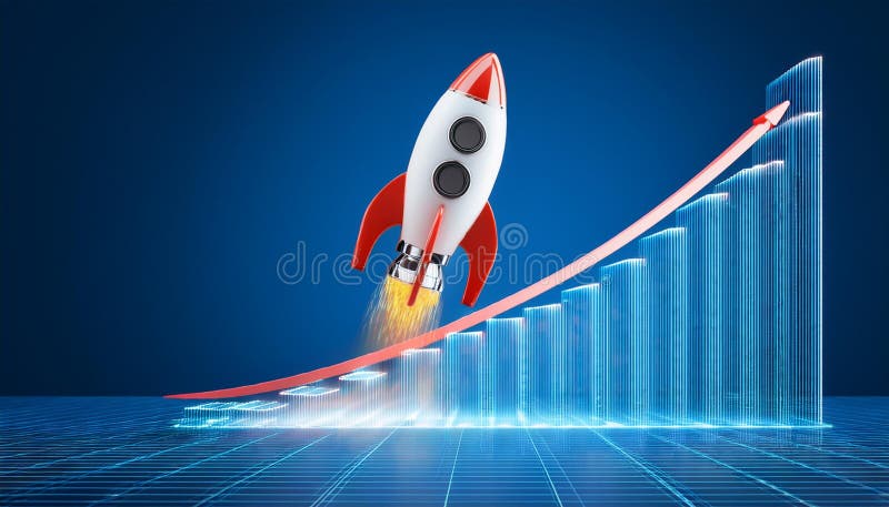 Rocket Launch with Rising Graph on Blue Background. 3D Rendering Stock ...