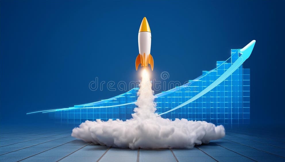 Rocket Launch with Rising Graph on Blue Background. 3D Rendering Stock ...