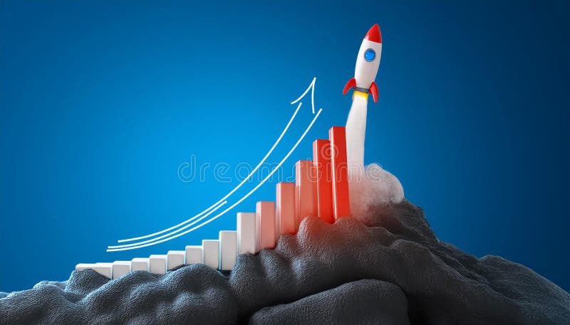 Rocket Launch with Rising Graph on Blue Background. 3D Rendering Stock ...