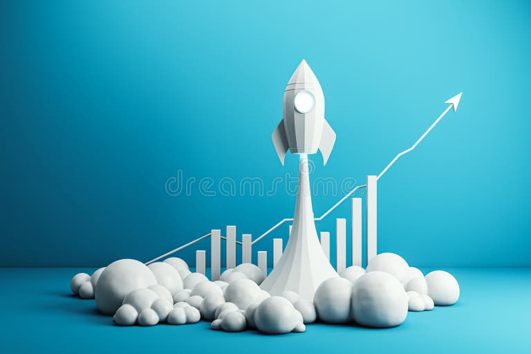 Rocket Launch with Rising Graph on Blue Background. 3D Rendering Stock ...