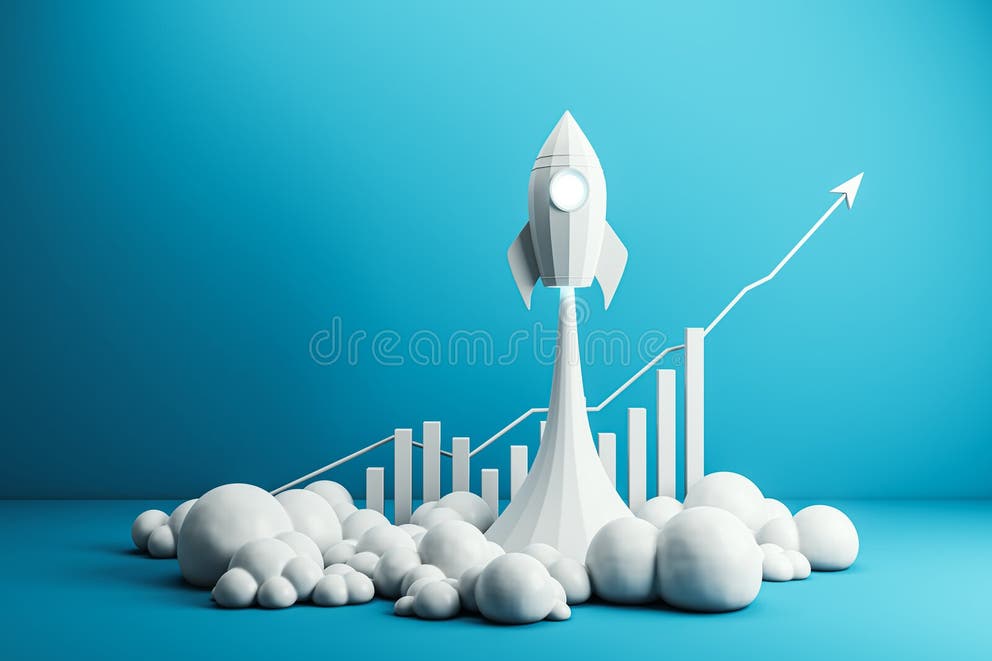 Rocket Launch with Rising Graph on Blue Background. 3D Rendering Stock ...