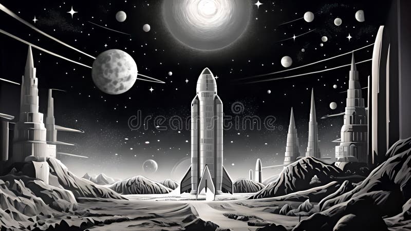 Rocket Launch Scene in Retro Black and White Style. Rocket Take Off ...