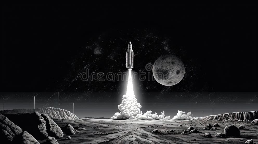 Rocket Launch Scene in Retro Black and White Style. Rocket Take Off ...