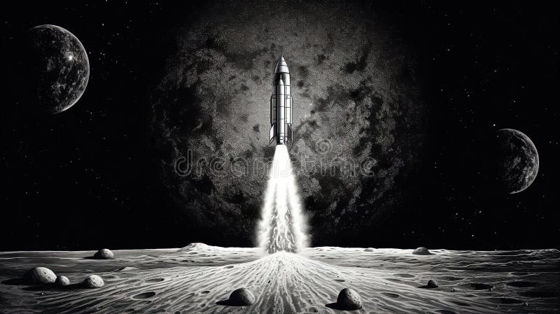 Rocket Launch Scene in Retro Black and White Style. Rocket Take Off ...