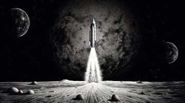 Rocket Launch Scene in Retro Black and White Style. Rocket Take Off ...