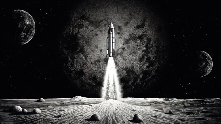 Rocket Launch Scene in Retro Black and White Style. Rocket Take Off ...